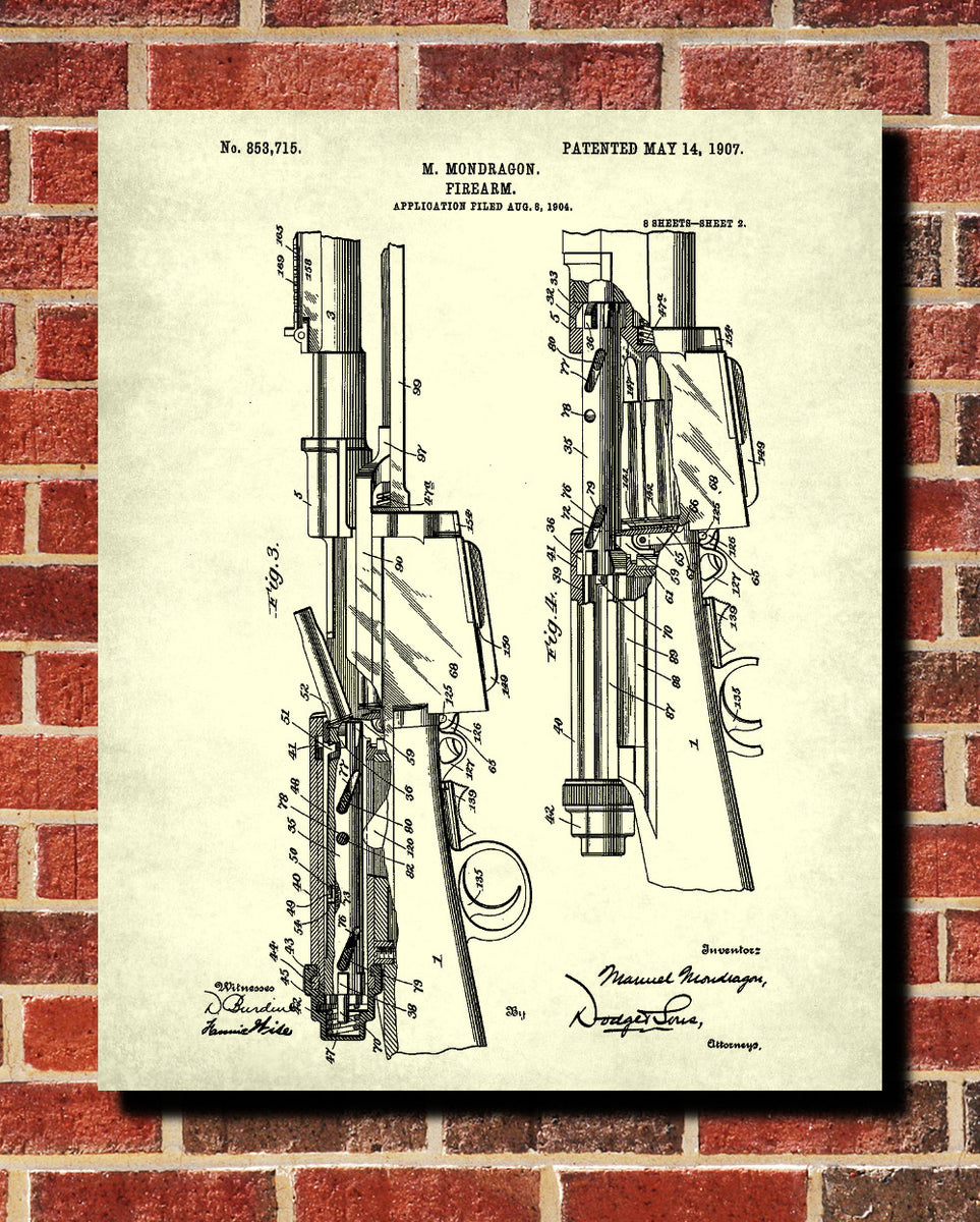 Mondragon Rifle Patent Gun Poster Firearm Art Weapons Print – GalleryThane