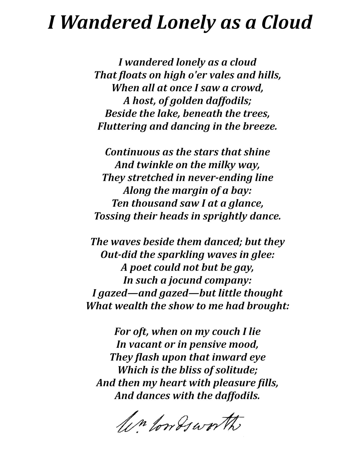 I Wandered Lonely as a Cloud, Poem by William Wordsworth, Typography P ...