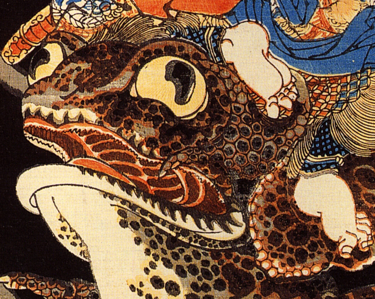 Utagawa Kuniyoshi Fine Art Print, Tenjiku Tokubei riding a giant toad ...