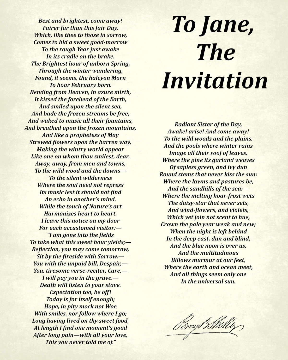 To Jane The Invitation, Poem by Percy Bysshe Shelley, Typography Print ...