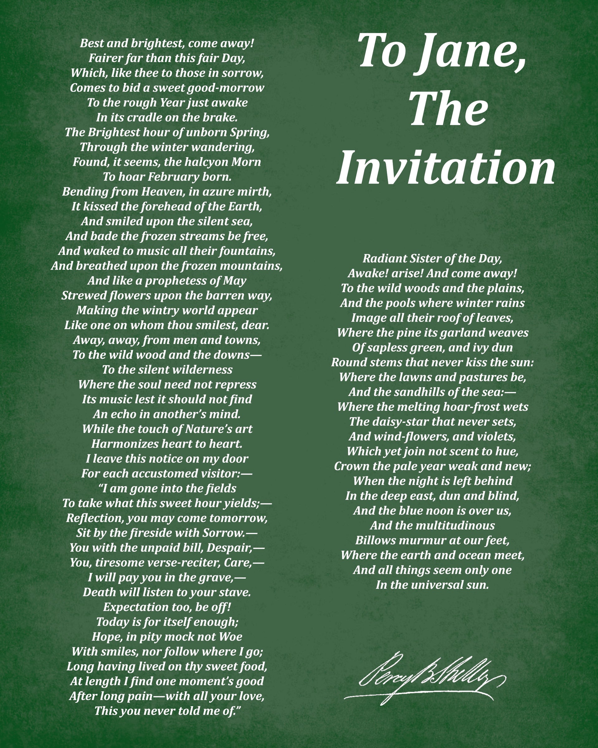 To Jane The Invitation, Poem by Percy Bysshe Shelley, Typography Print ...