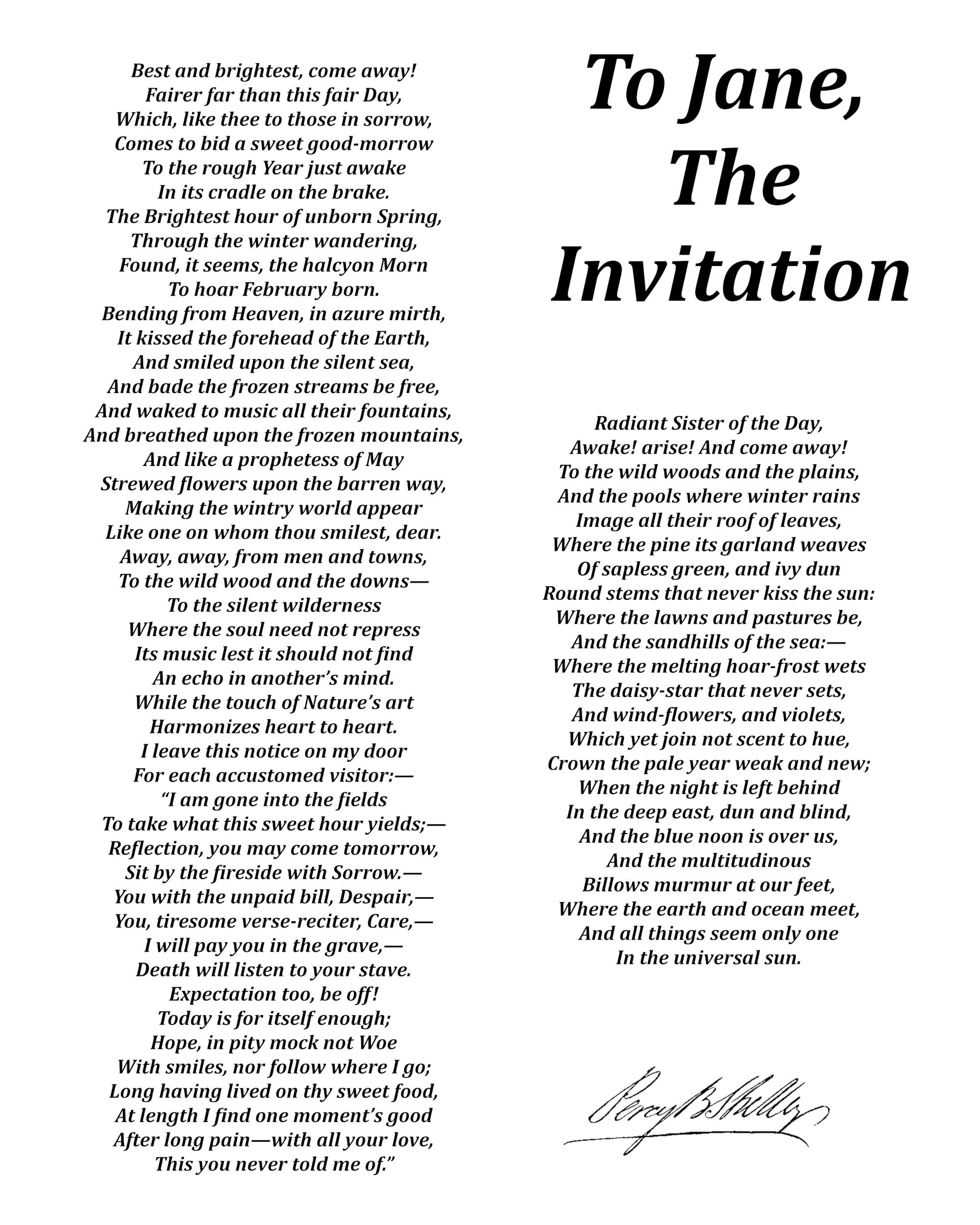 To Jane The Invitation, Poem by Percy Bysshe Shelley, Typography Print ...