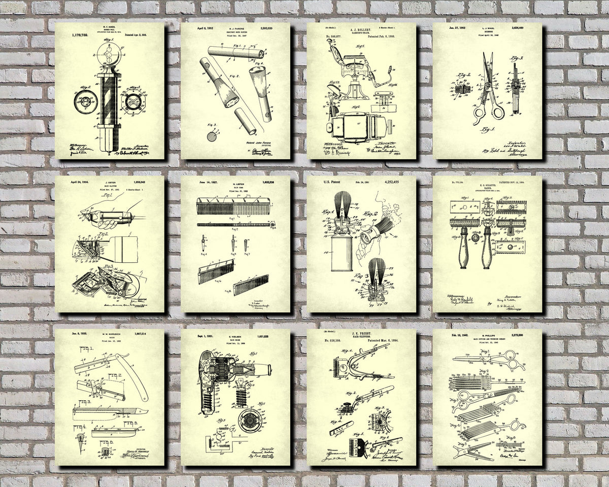 Barber Patent Prints Set 12 Barbershop Blueprints Salon Posters ...