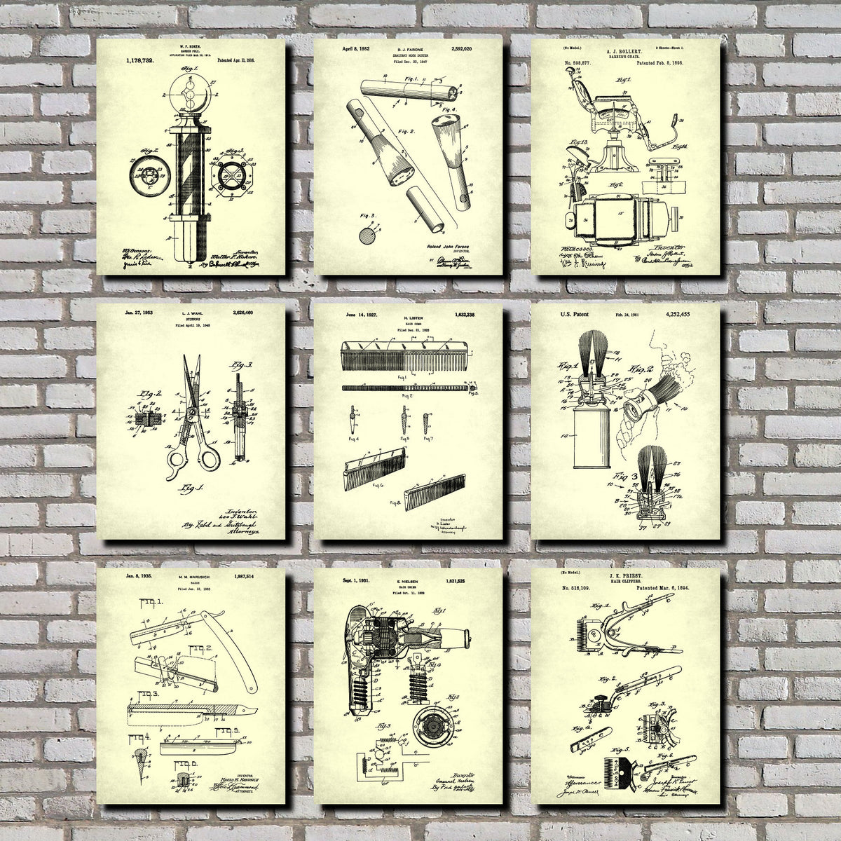 Barber Patent Prints Set 9 Barbershop Blueprints Salon Posters ...
