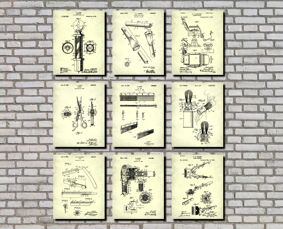 Barber Patent Prints Set 9 Barbershop Blueprints Salon Posters ...