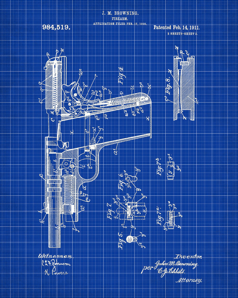 Browning Pistol Patent Print Handgun Blueprint Firearm Poster ...