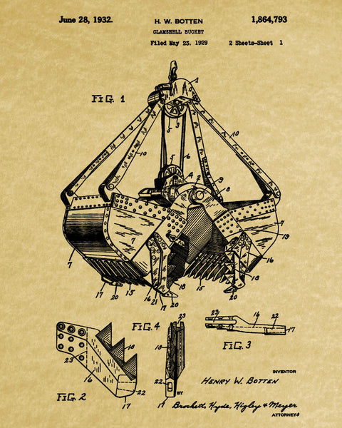 Clamshell Bucket Patent Print Construction Blueprint Mining Poster ...