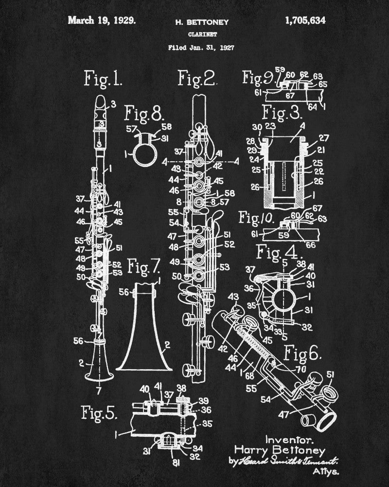 Clarinet Patent Print Orchestral Musical Instrument Wall Art Poster ...