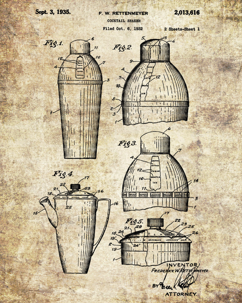 Bar Poster Cocktail Shaker Patent Print Cafe Art Pub Wall Poster ...