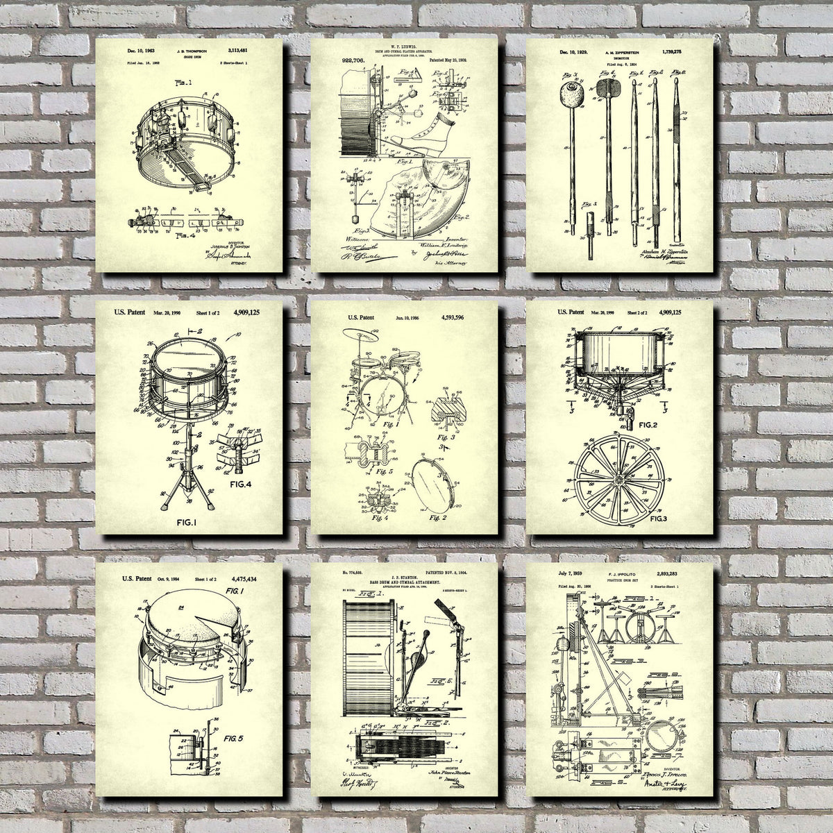 Drums Patent Prints Set of 9 Drum Blueprints Music Posters – GalleryThane