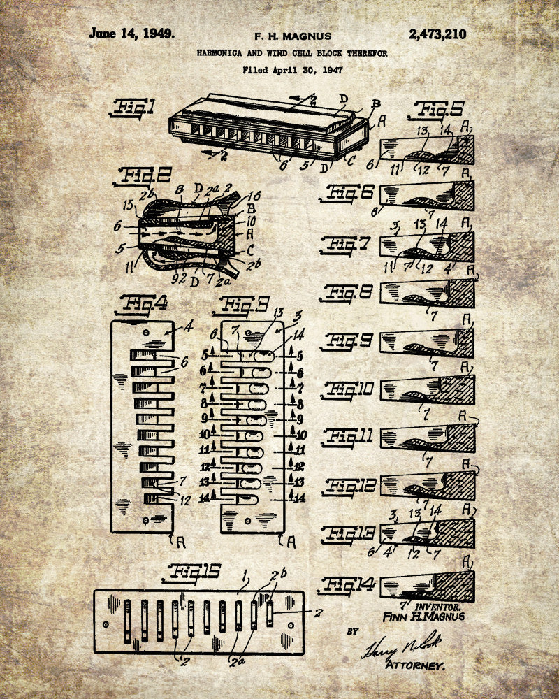Harmonica Poster Musical Instrument Wall Art Music Patent Print ...