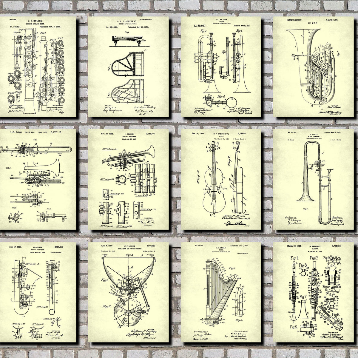 Orchestra Patent Prints Set 12 Musical Instruments Blueprint Posters ...