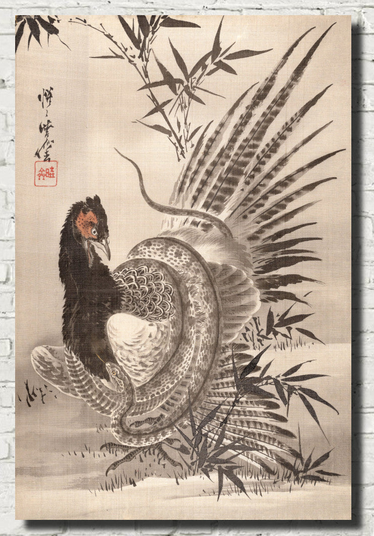 Kawanabe Kyōsai, Japanese Art, Pheasant Caught by a Snake – GalleryThane