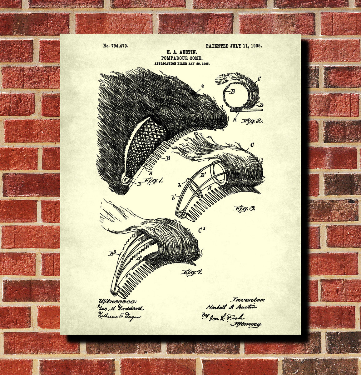 Pompadour Comb Patent Print Hairdressing Blueprint Salon Poster ...