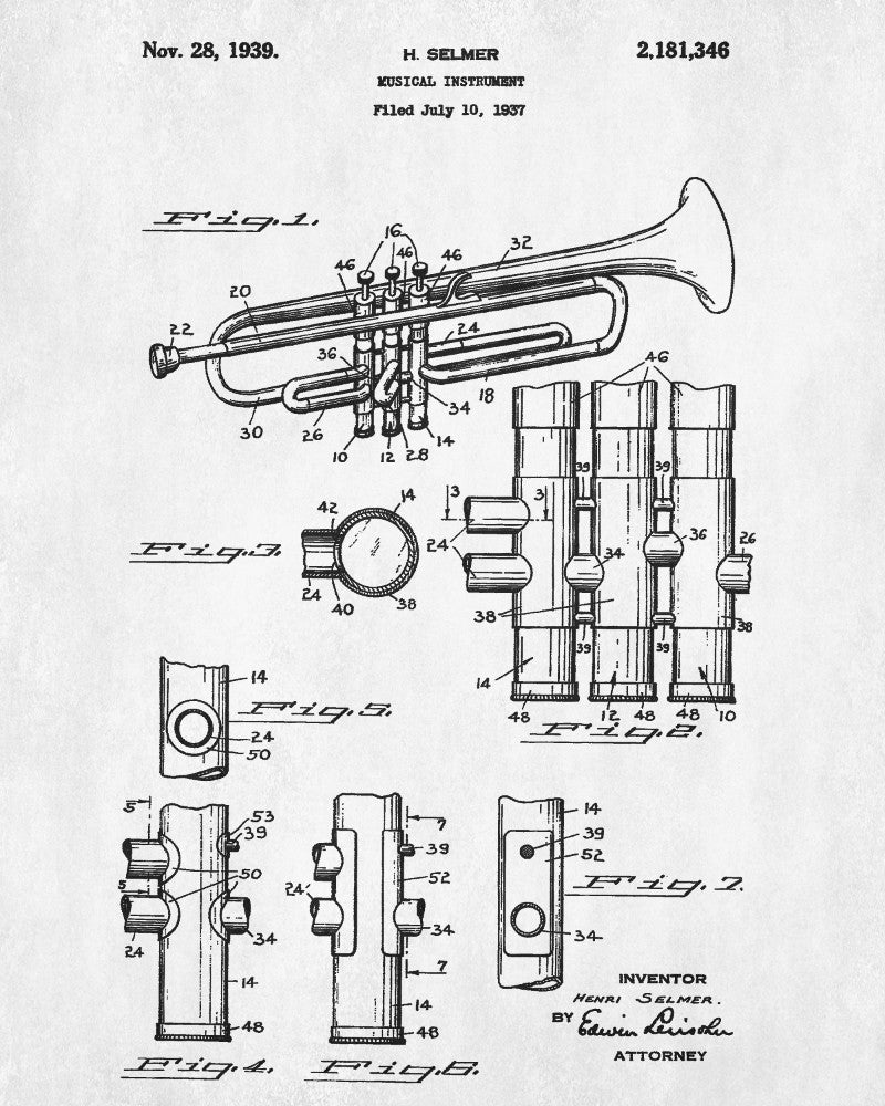 Trumpet Patent Print Jazz Musical Instrument Blueprint Poster ...